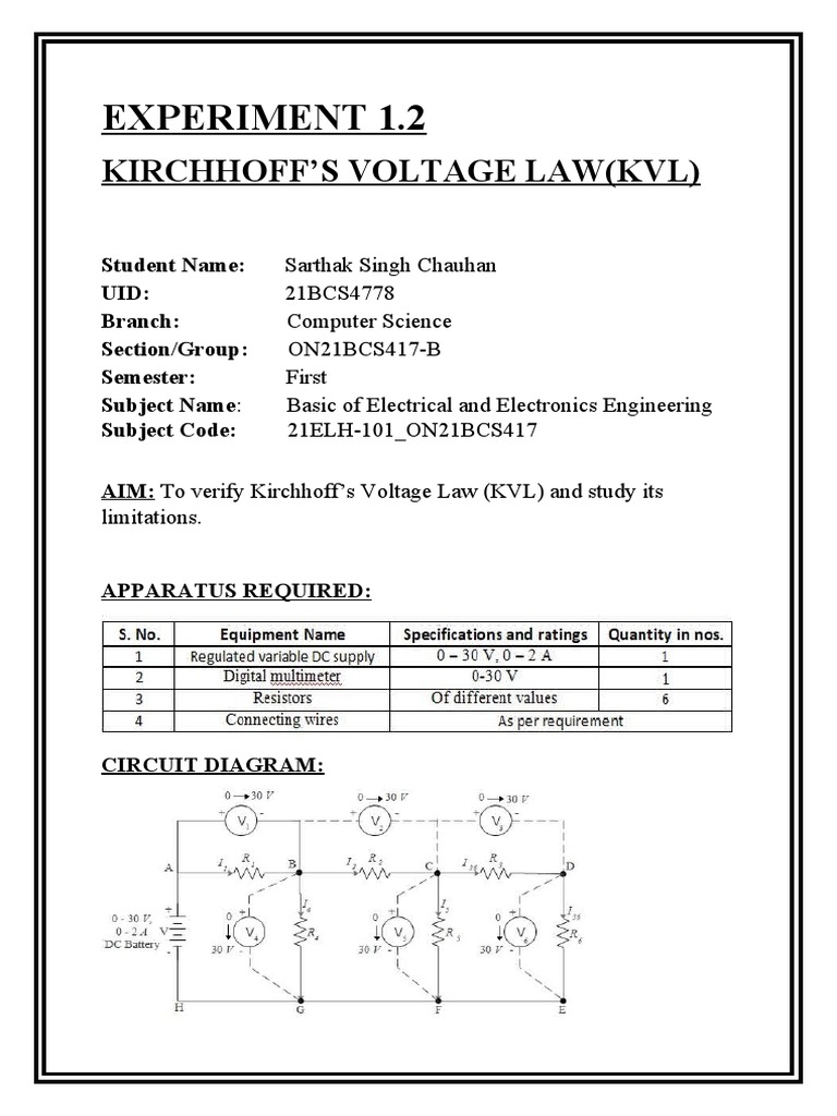 Experiment 1.2: Kirchhoff'S Voltage Law (KVL) | PDF | Voltage ...