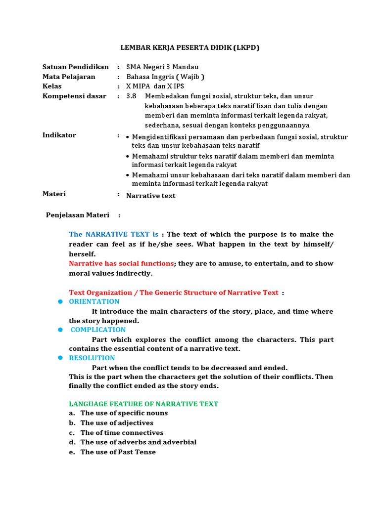 LKPD - Narrative Text - KLS X - SMR 2 | PDF | Syntax | Linguistic Typology