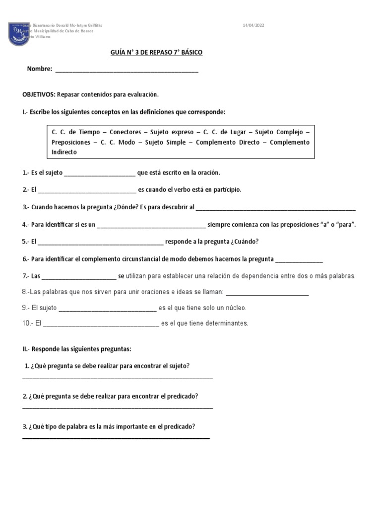 Guías de Sujeto y Predicado 5ºbásico | PDF | Predicado (Gramática ...