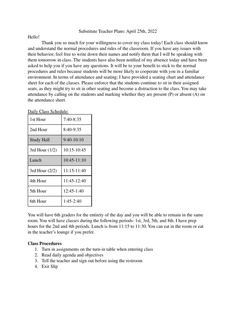 Substitute Teacher Plan | PDF | Classroom | Worksheet