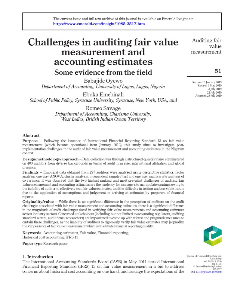 Challenges in Auditing Fair Value Measurement and Accounting Estimates ...