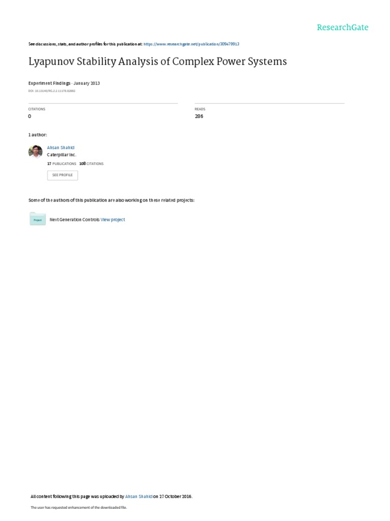 Lyapunov Stability Analysis of Complex Power Systems | PDF | Stability Theory | Nonlinear System