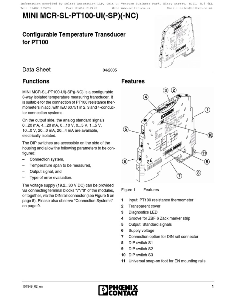 MINI MCR-SL-PT100-UI (-SP) (-NC) : Configurable Temperature Transducer For PT100 | PDF ...
