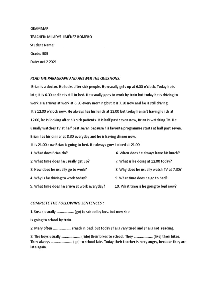 Read The Paragraph and Answer The Questions:: Complete The Following ...