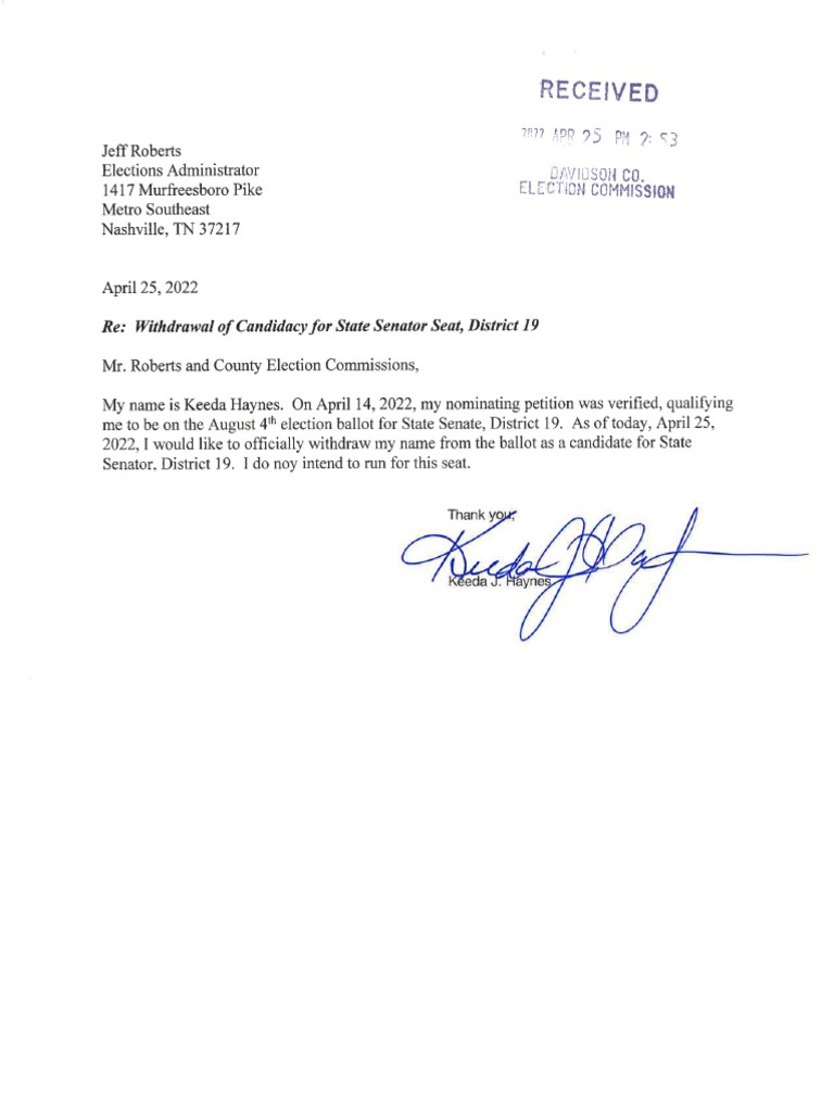 Keeda Haynes' Withdrawal Letter | PDF