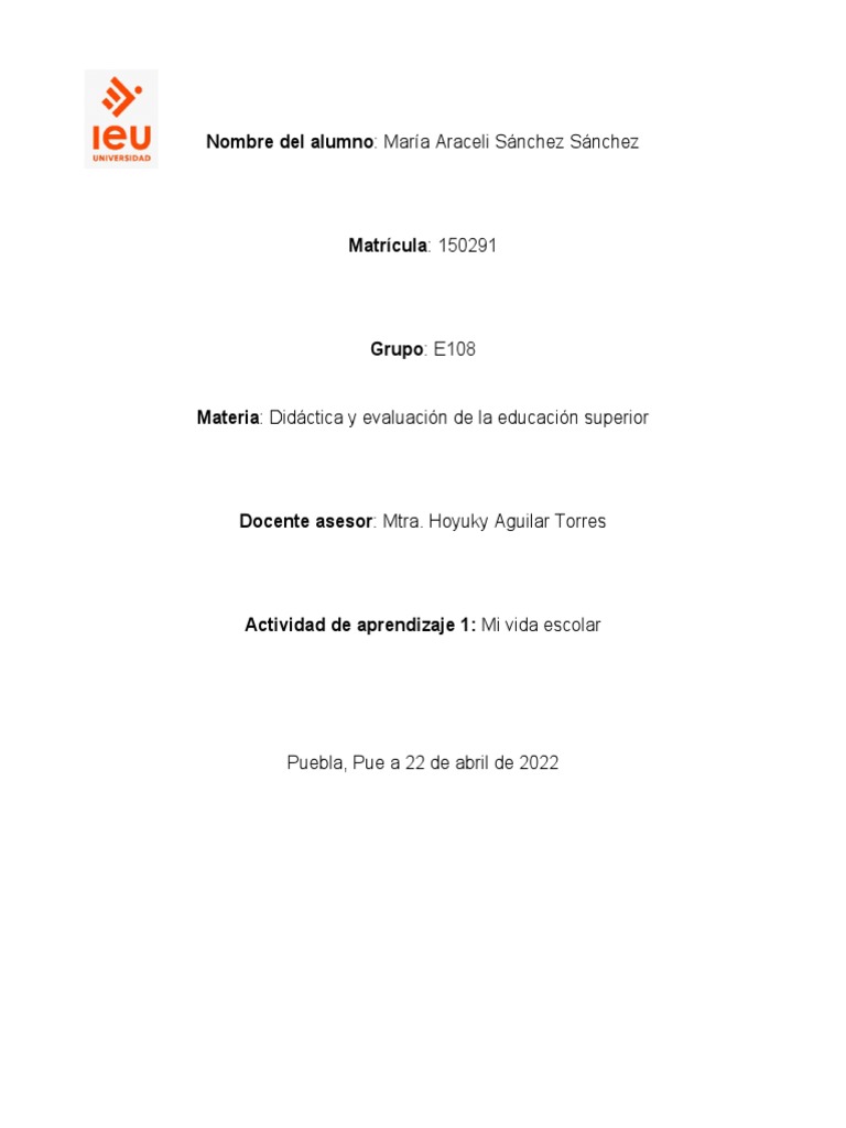 Actividad de Aprendizaje 1 Mi Vida Escolar | PDF