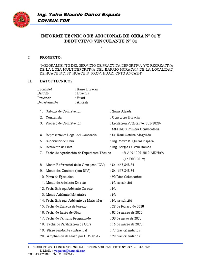 3.0 Modelo de Informe Tecnico Adicional y Deductivo Supervision | PDF | Presupuesto | Sectores ...