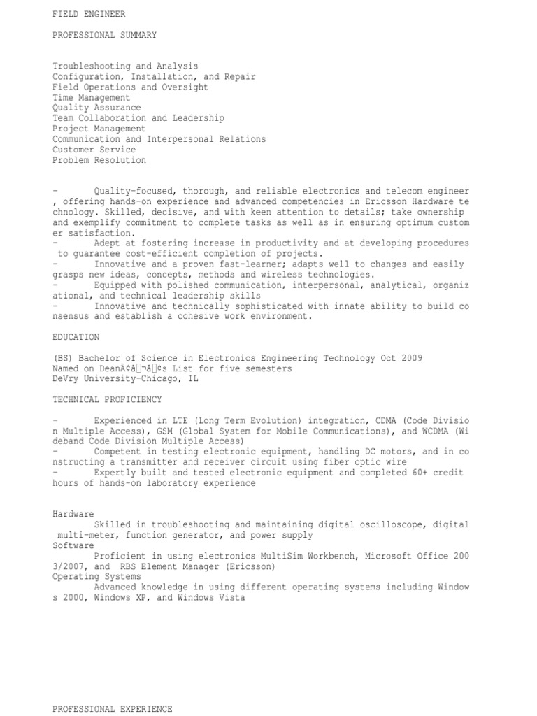 RAN Field Engineer/ LTE Integrator | PDF | Ericsson | Electronics
