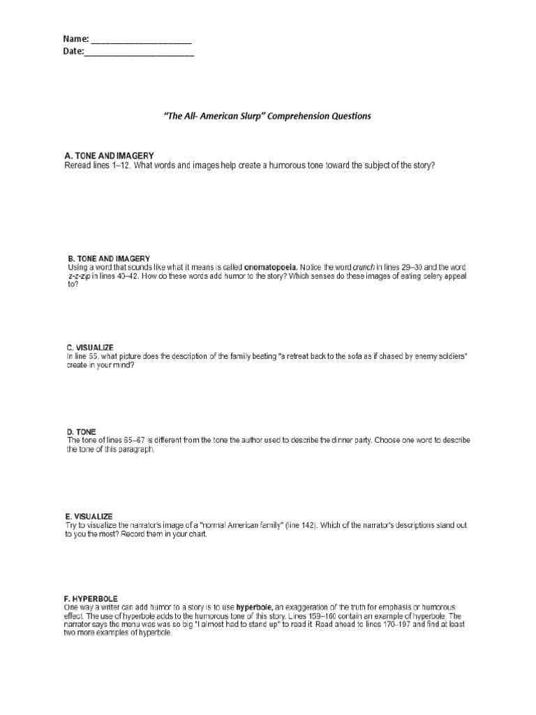 The All American Slurp Comprehension Questions | PDF
