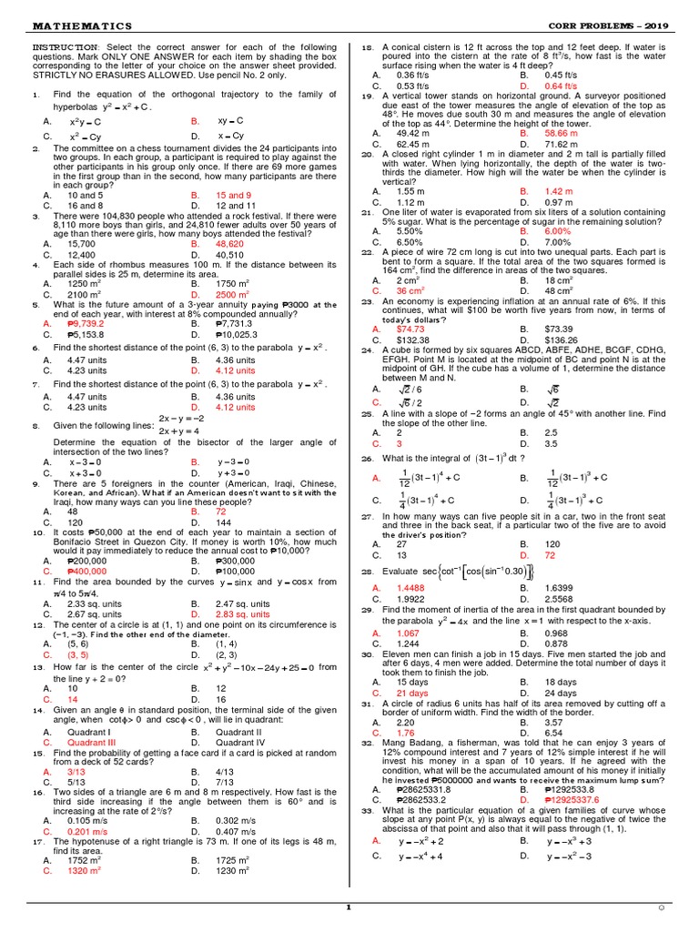 2019 Mathematics Correction Problems | PDF | Triangle | Area