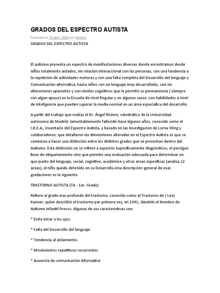 Grados del Espectro Autista: Descripción y Evaluación | PDF | Espectro ...