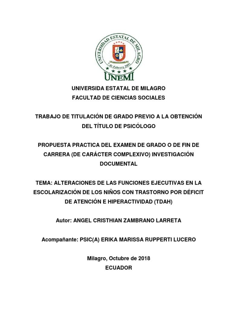 Funciones Ejecutivas y TDAH Escolar | PDF