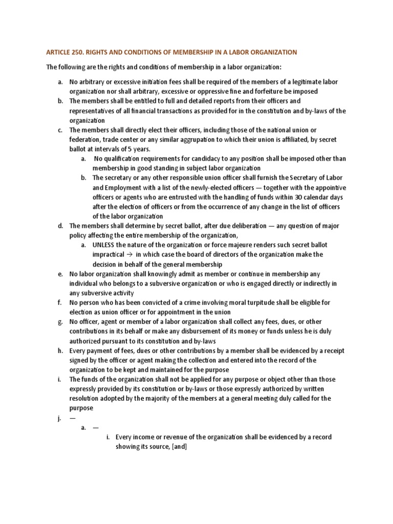 Article 250. Rights and Conditions of Membership in A Labor ...