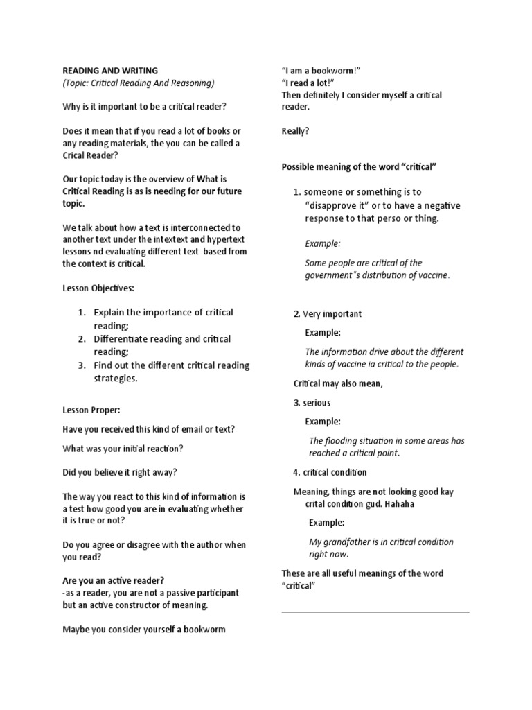 Teacher Critical Reading Handout | PDF | Psychological Concepts ...