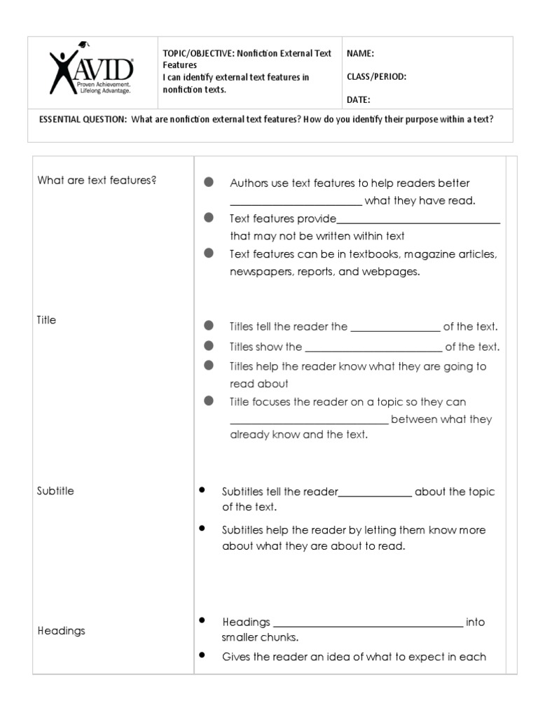 Nonfiction Text Features Avid Notes | PDF | Communication | Written ...