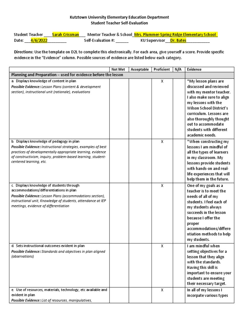 Student Teaching Self Evaluation | PDF | Teachers | Lesson Plan