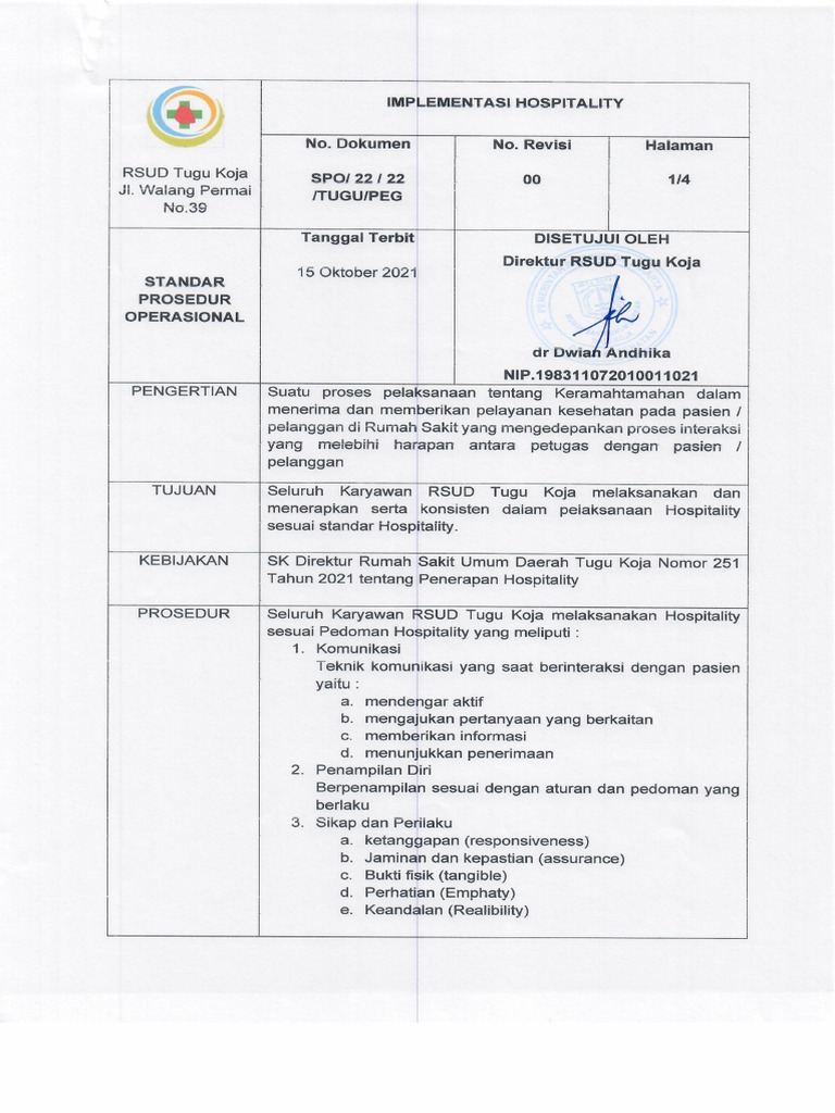 Sop Implementasi Hospitality Hospital | PDF