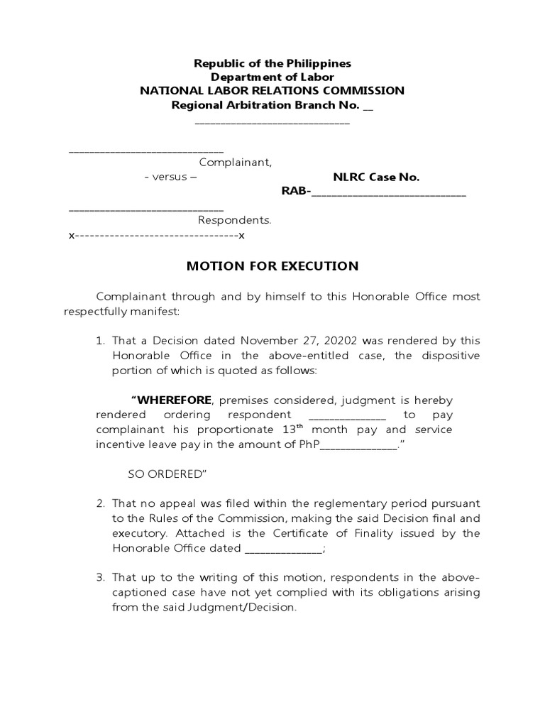 Motion For Execution - Labor | PDF | Judgment (Law) | Legal Procedure