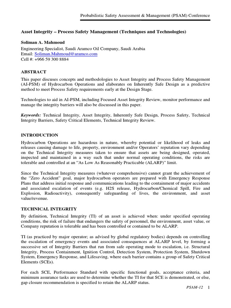 Asset Integrity Process Safety Management Techniques | PDF | Risk ...
