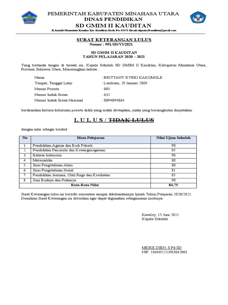 Surat Keterangan Lulus (SKL) SD, SMP, SMA, SMK 2021 | PDF