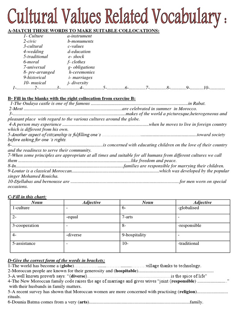 Cultural Vocabulary Collocation Worksheet | PDF | Social Science ...