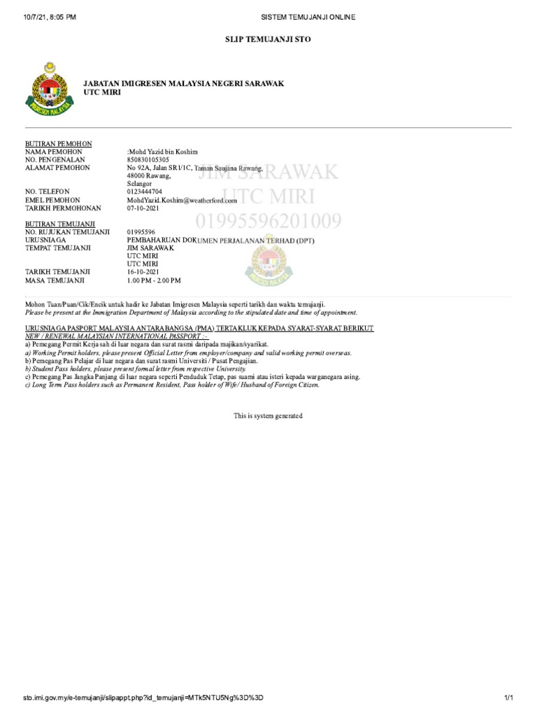 Sistem Temujanji Online DPT Utc Miri 16 Oct 2021 | PDF