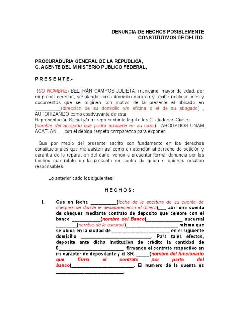 Machote Denuncia Mp Pdf Bancos Tarjeta De Crédito