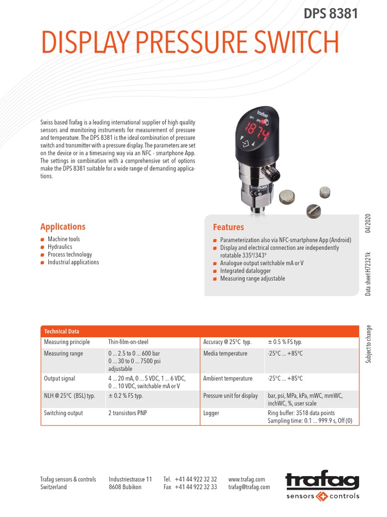 Display Pressure Switch: Applications Features | PDF | Sensor | Electricity