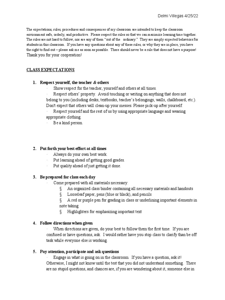 Class Expectations 1. Respect Yourself, The Teacher & Others | PDF ...