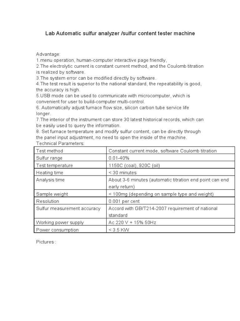 Lab Automatic Sulfur Analyzer Sulfur Content Tester Machine | PDF