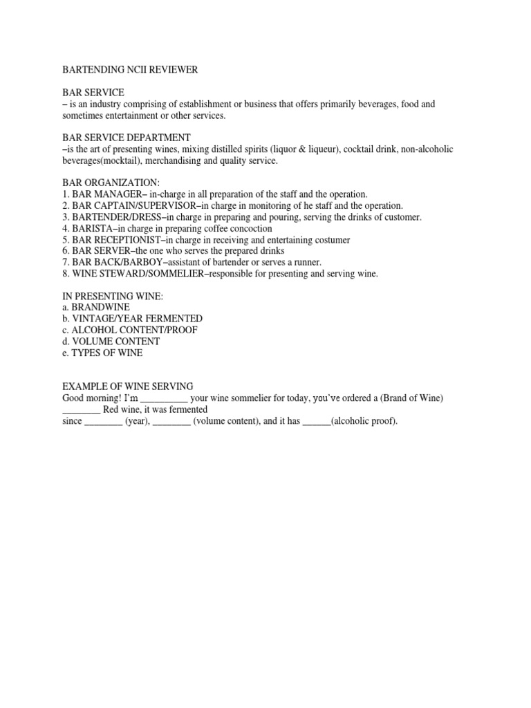 Bartending Ncii Reviewe1 Pdf Bar Establishment Drink