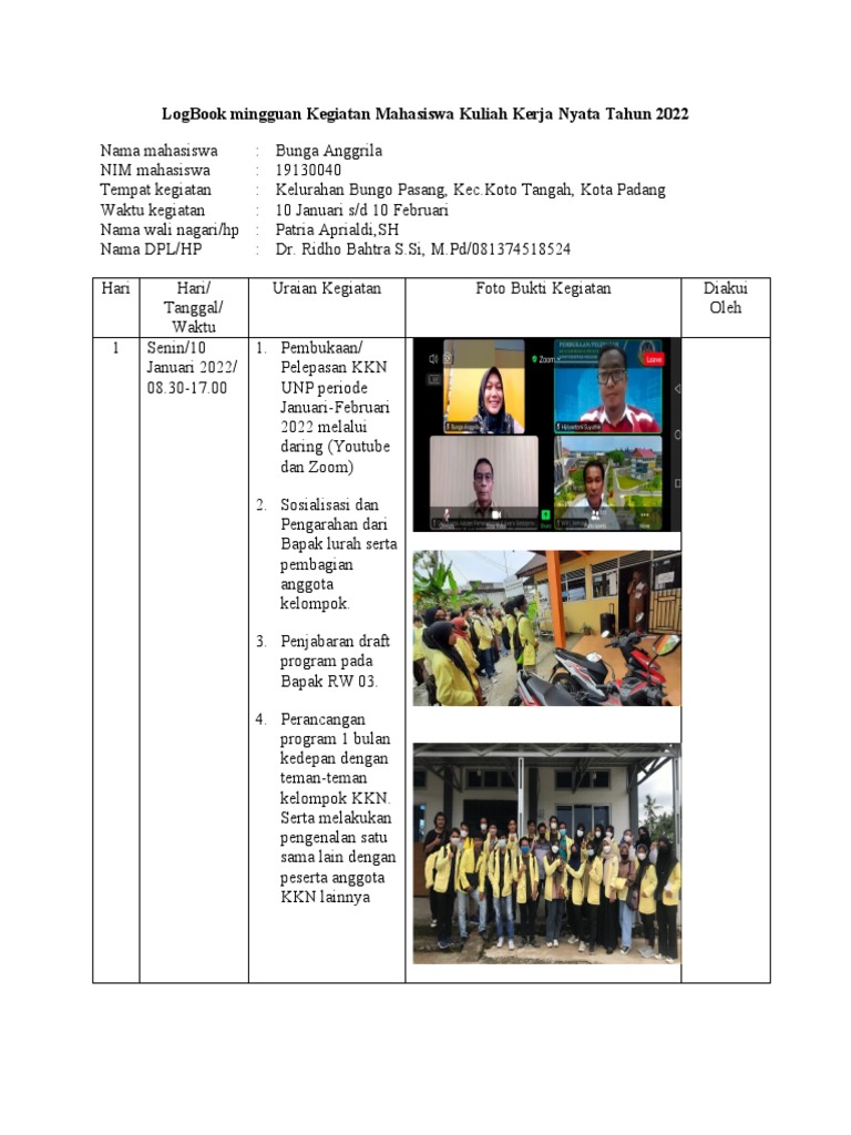 LogBook KKN - Bunga Anggrila 19130040 | PDF