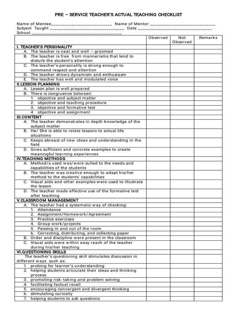 Pre Service Actual Teaching Checklist 1 | PDF | Language Arts & Discipline | Wellness