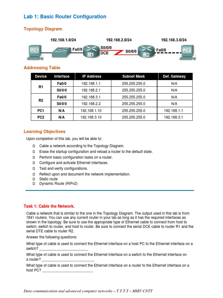 Lab 1 Basic Router Configuration Topology Diagram Pdf Router Computing Computer Network