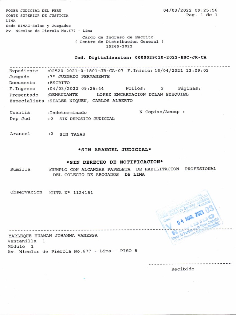 Escrito CARGO 15265-2022 04 MAR 2022. CUMPLO CON ALCANZAR PAPELETA DE ...