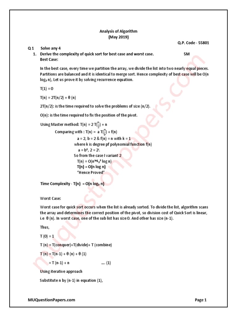 AOA Question Paper Analysis and Solutions | PDF | Recurrence Relation ...