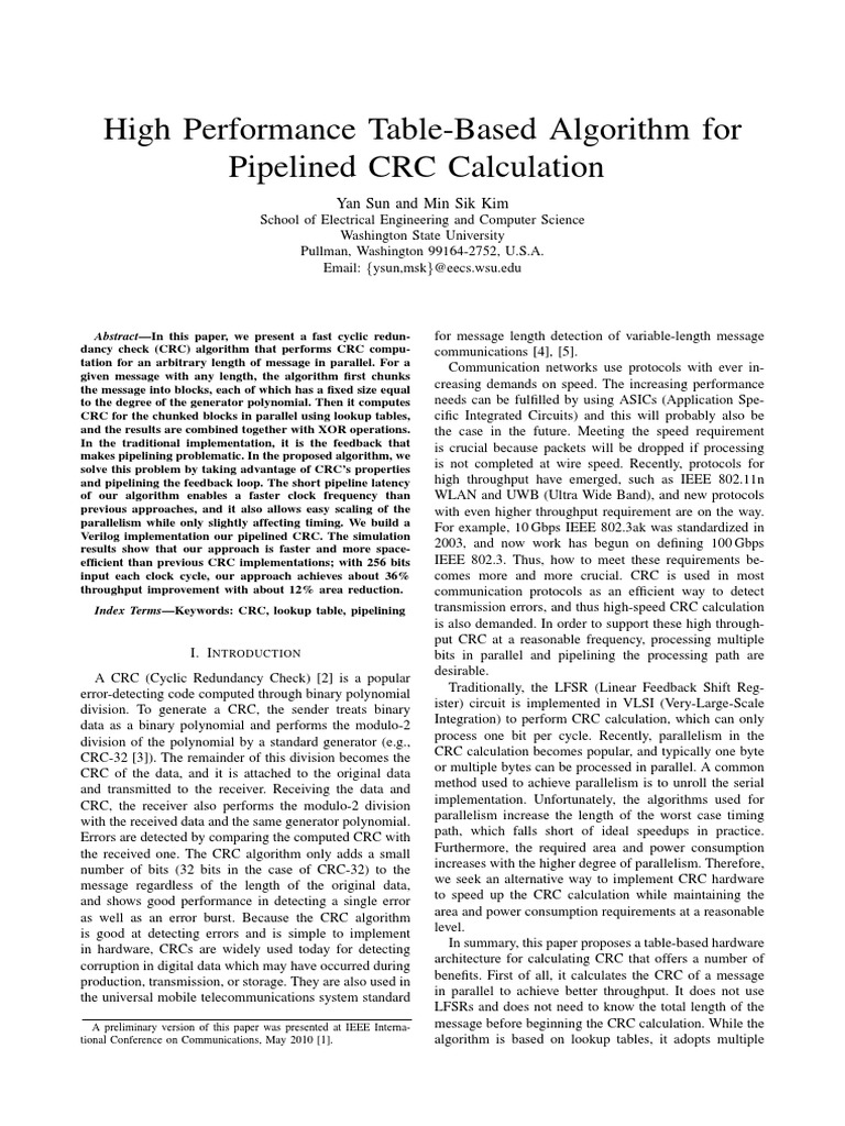 High Performance Table-Based Algorithm For Pipelined CRC Calculation | PDF | Computer ...