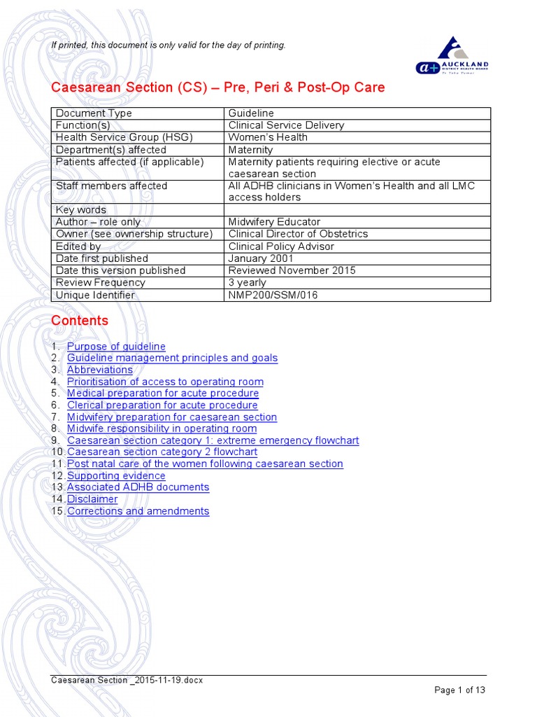 Caesarean Section CS Pre Peri and Post Op Care | Download Free PDF ...