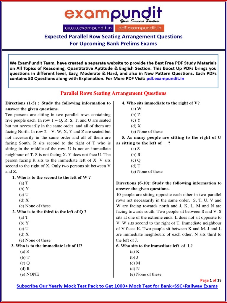 Important Parallel Seating Arrangement Questions For Sbi Clerk Prelims ...