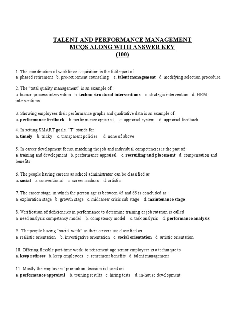 Talent and Performance Management Mcqs Along With Answer Key | PDF ...