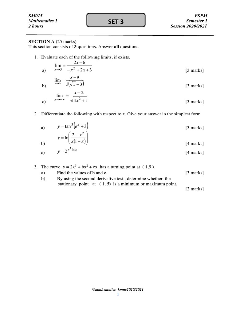 2021 - SM015 - Prepspm - Set 3 | PDF | Maxima And Minima | Mathematical Objects