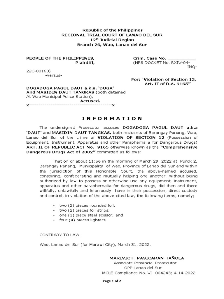 Information For Sec. 12, RA 9165 | PDF | Government Institutions | Justice