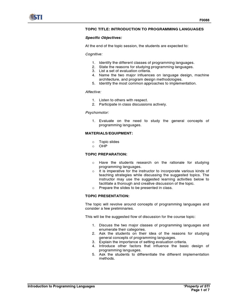 Wk 1 Ses 1 2 Introduction To Programming Languages Pdf Computer Programming Programming