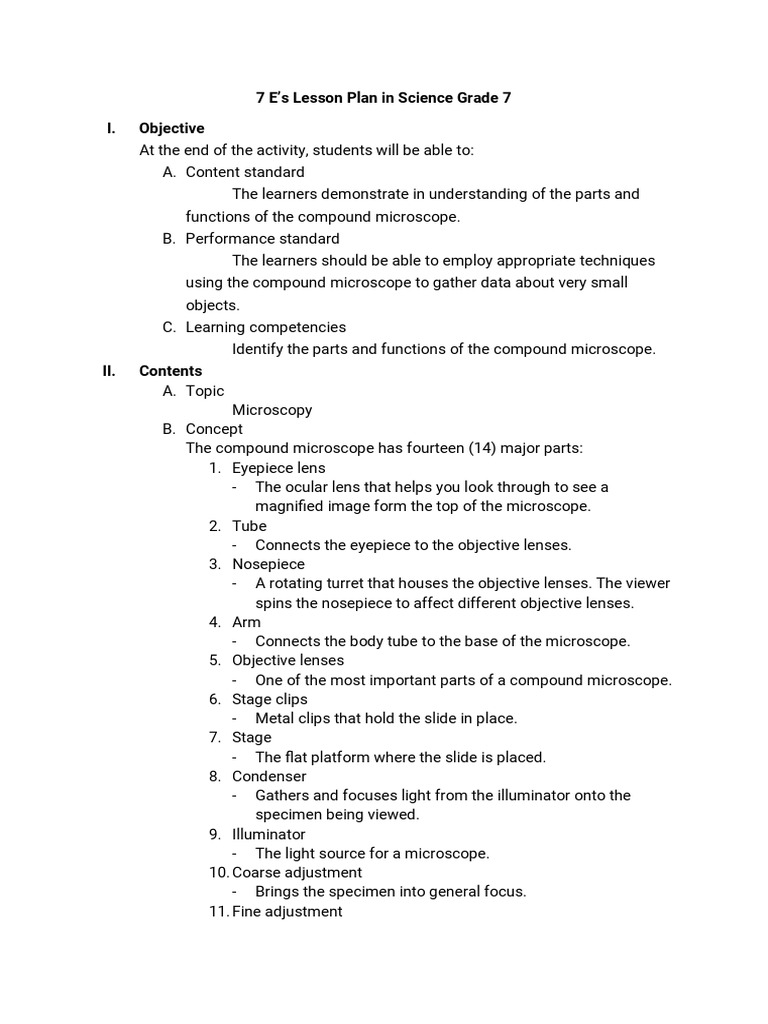 7 E's Lesson Plan in Science Grade 7 I. Objective | PDF | Microscopy ...