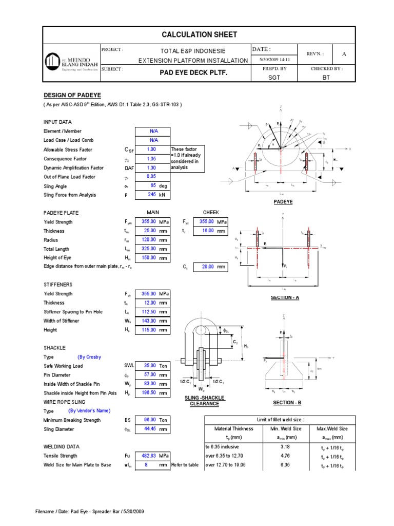 Calculation Sheet: Design of Padeye | PDF | Stress (Mechanics ...