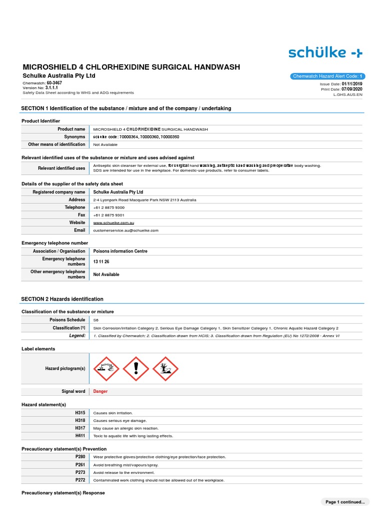Microshield 4 Chlorhexiine Surgical Hand Wash - SDS AU | PDF | Toxicity ...
