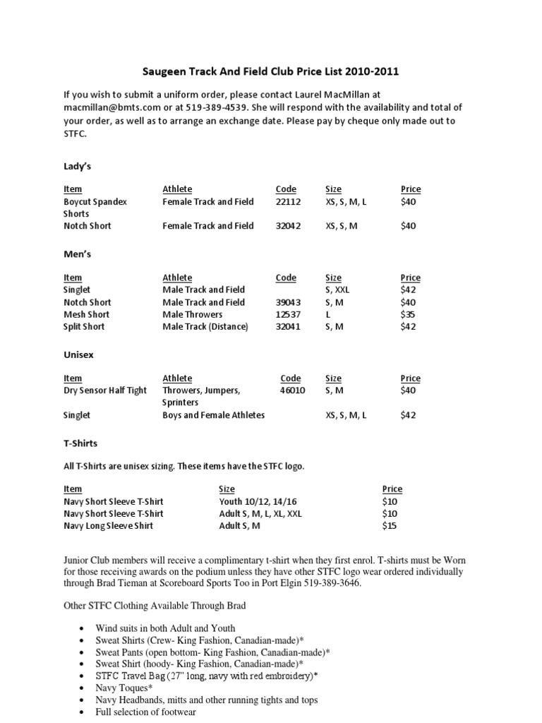 Saugeen Track and Field Club Price List 2011 | PDF | T Shirt | Uniforms