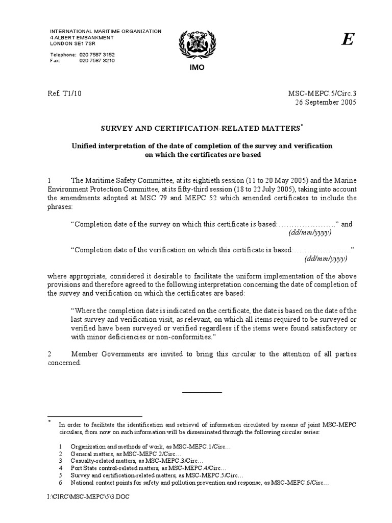 List of Certificates To Be Carried Onboard Ships (MSC-MEPC.5-Circ3) | PDF
