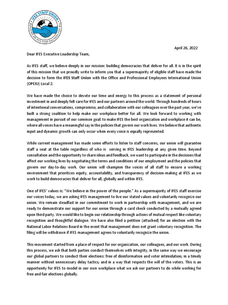 A Letter From The IFES Staff Union To ELT | PDF | Leadership | Democracy