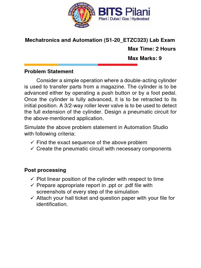 Mechatronics and Automation (S1-20 - ETZC323) Lab Exam Max Time: 2 ...